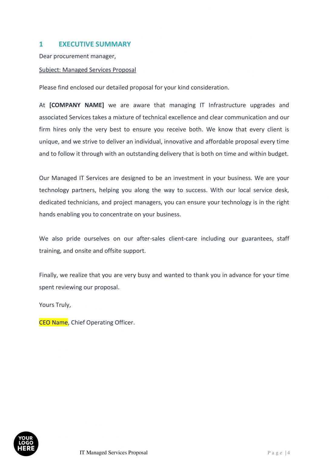 Managed Services Proposal Template with comprehensive work plan chapter - RFPLY